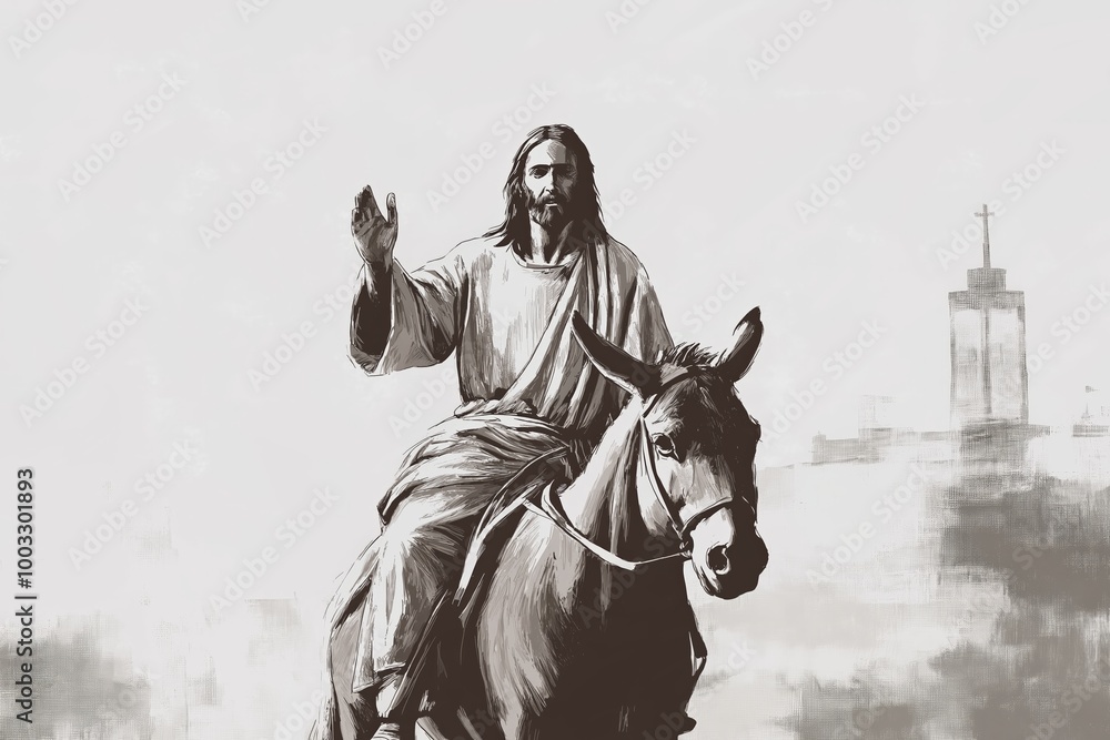 Jesus riding donkey, biblical scene, religious art, monochrome ...
