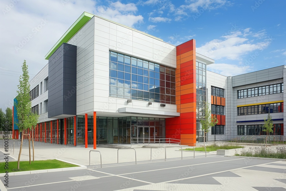 Modern school building exterior with contemporary design, athletic ...