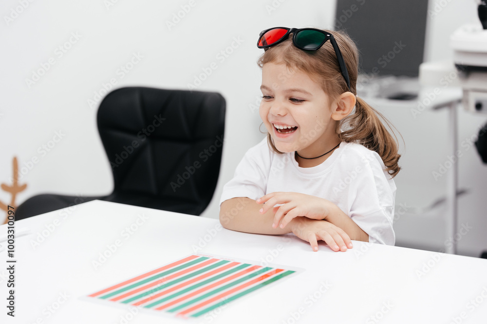 Orthoptic therapy for comfortable vision treatment. A cheerful girl ...