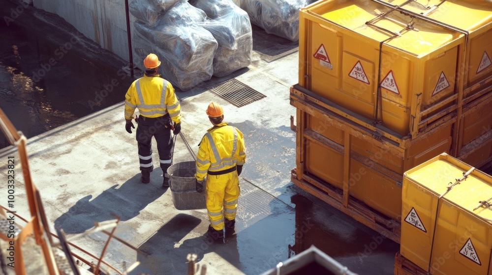 Generate a photo realistic image of hazardous materials handling at a ...