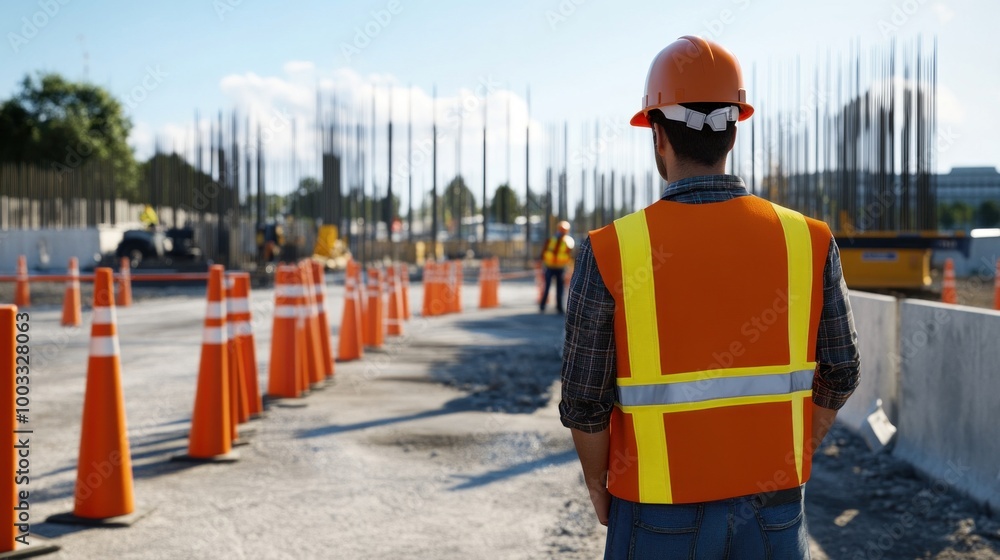 Generate a photo realistic image of safety barriers being installed at ...