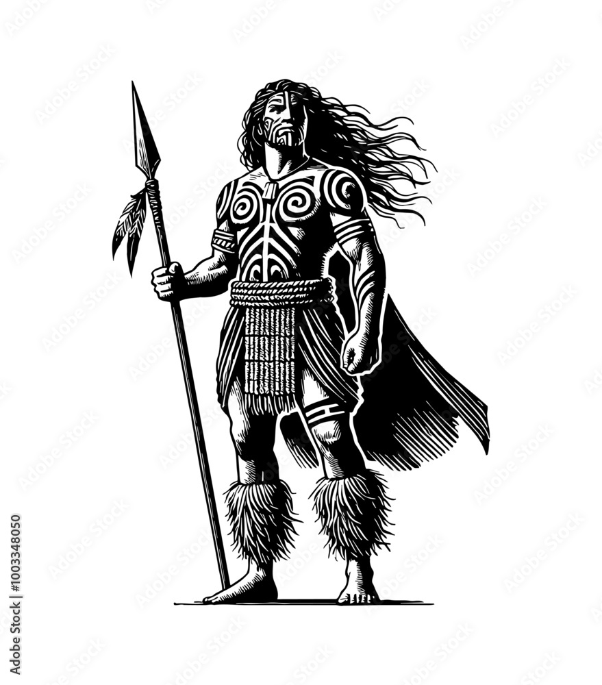 powerful Maori tribe warrior, standing tall, wearing traditional tribal ...
