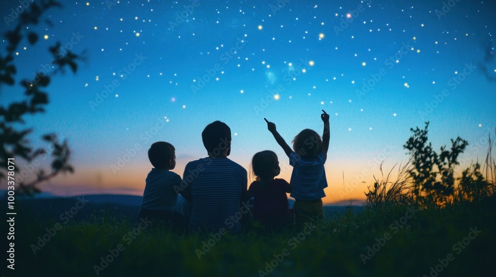 Capture the wonder of a family stargazing on a clear summer night ...
