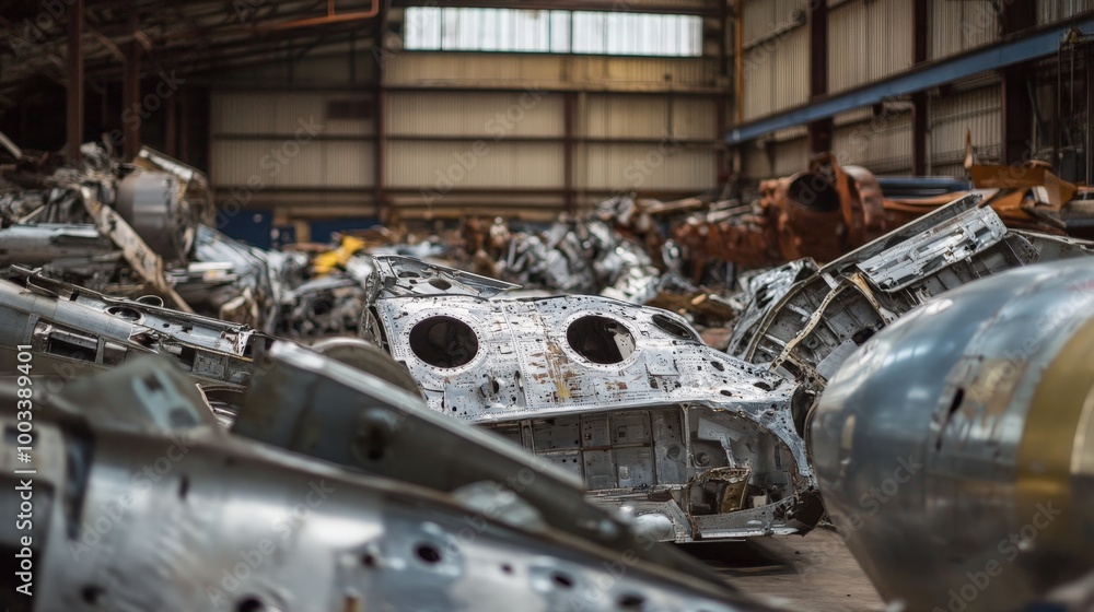 An aerospace recycling facility where old aircraft parts, including ...