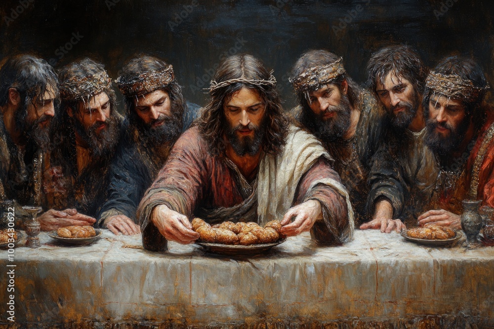 The Last Supper Depicted with Jesus Christ at the Center Sharing Bread ...