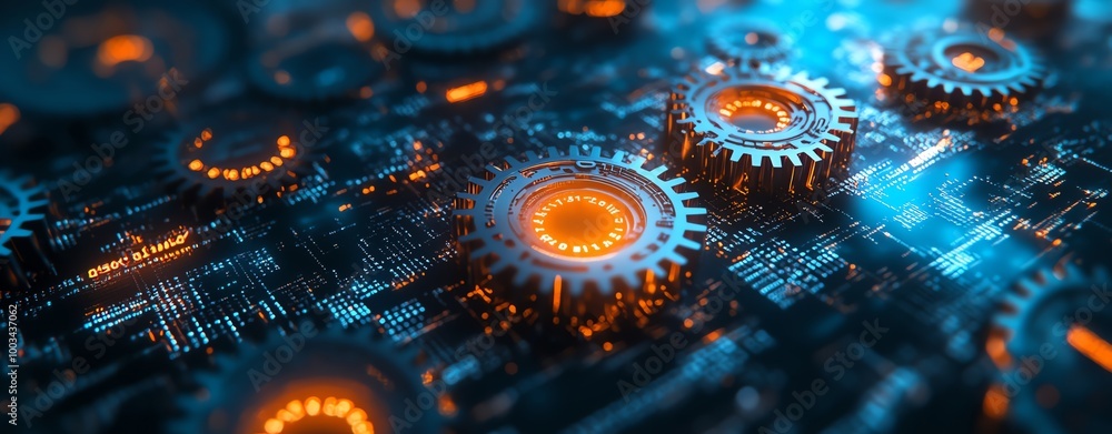 digital gears and binary code background with copy space, mechanical cogs in orange color on a ...