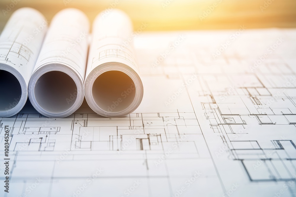 Rolled up blueprints of a house plan. Stock Photo | Adobe Stock