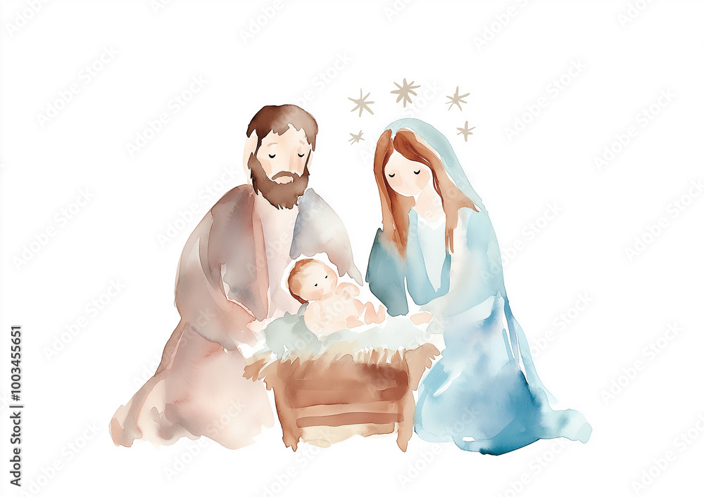 Holy family looking at newborn baby jesus in manger watercolor ...