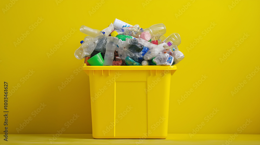 Overflowing yellow plastic trash can full of recyclable plastic waste ...