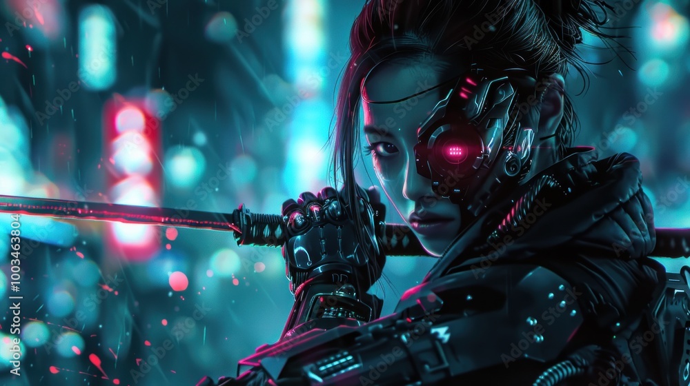 Cyberpunk style Cyborg ninja woman with sword AI generated image Stock ...