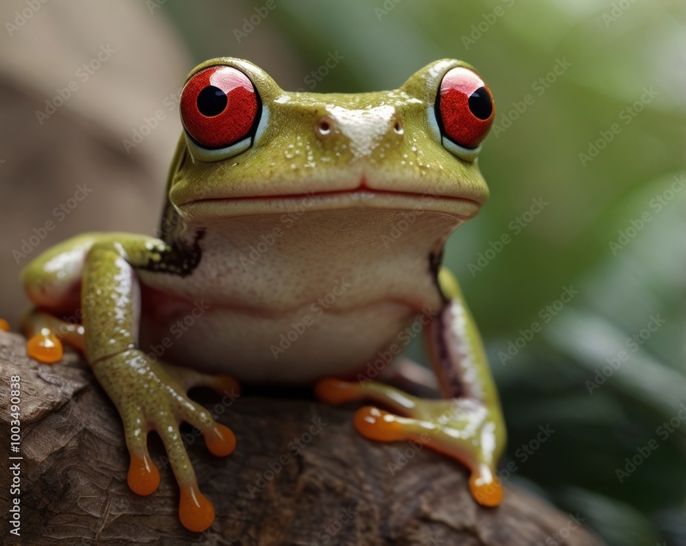 Red-eyed tree frog sitting on a tree branch, closeup of red-eyed tree ...