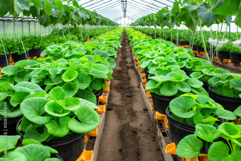 Greenhouse Row of Lush Green Plants in Cultivation Pots, hydrogen ...