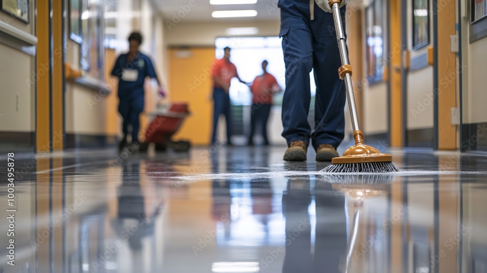 Janitor cleaning a shiny hallway floor with a broom, showcasing ...