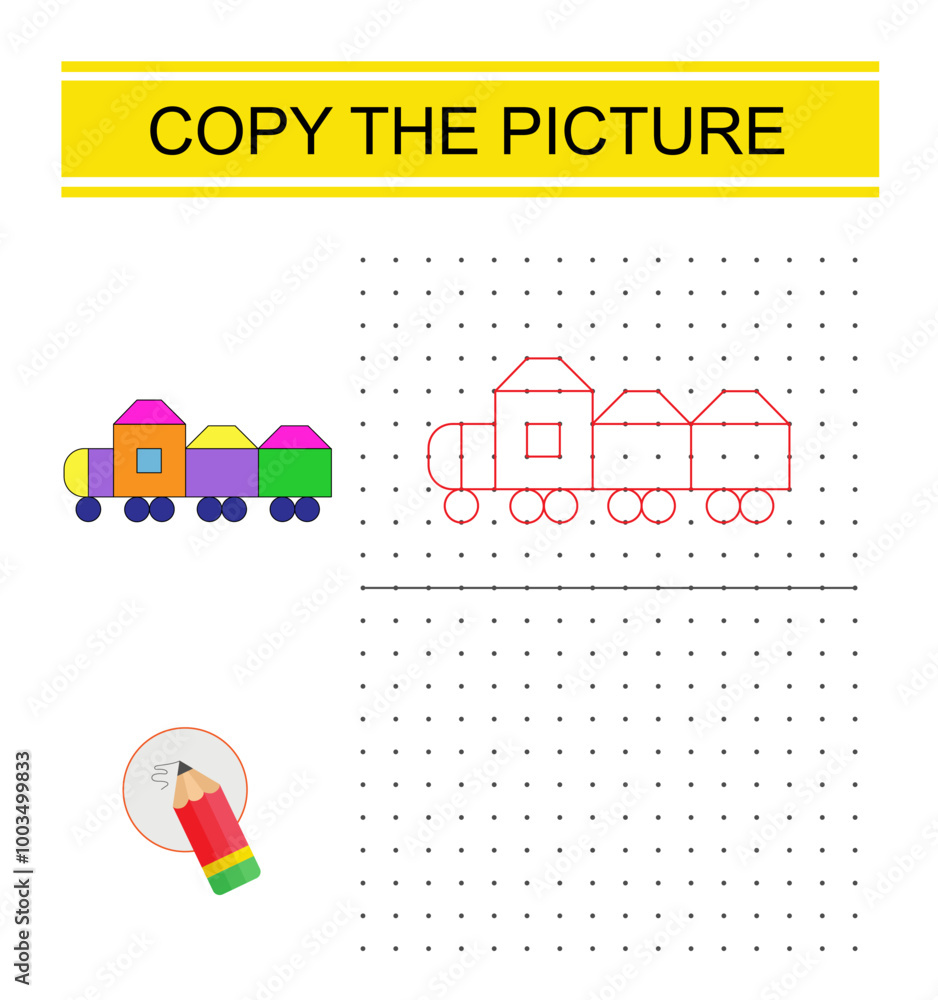 Educational game for preschool kids. Copy the cartoon train picture by ...