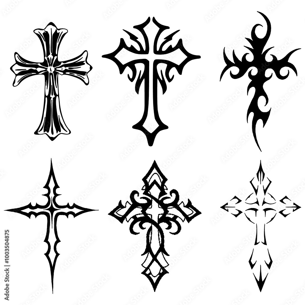 Black and White Christian Cross Vector Illustration Set. Hand Drawn ...