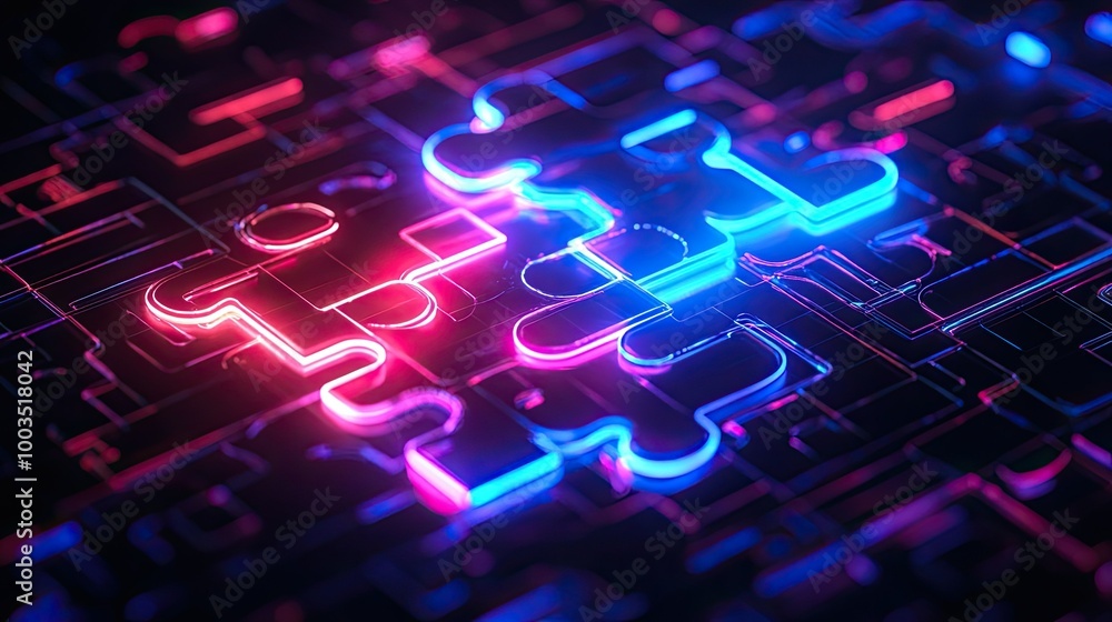 Neon puzzle pieces interlocking on a glowing digital background ...
