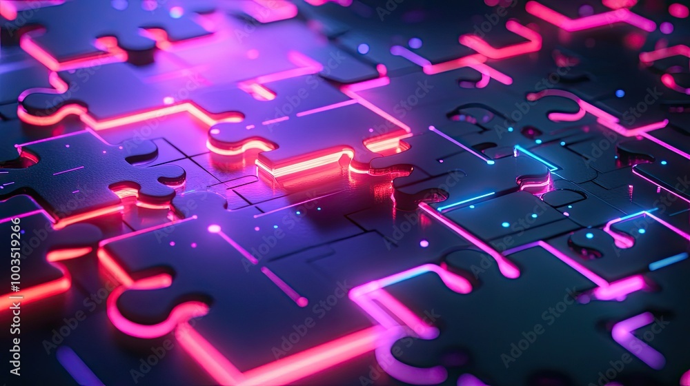 Neon-colored puzzle pieces locking into place on a glowing digital ...