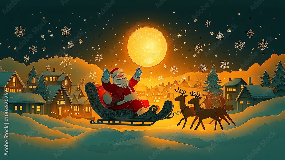 Whimsical paper-cut Santa Claus waving from his sleigh, flying over a ...