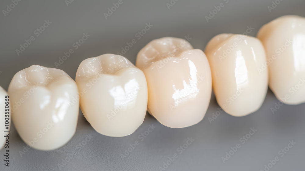 Dental crowns and implants displayed on grey background, showcasing ...