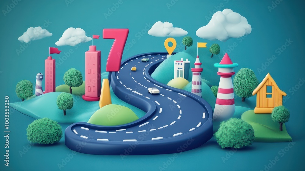 Foto de Stock Infographic banner presentation. 7 steps business road ...