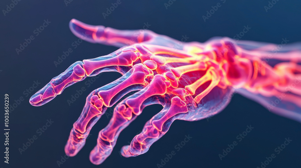 Scan of the left hand with red inflamed joints on a dark blue ...