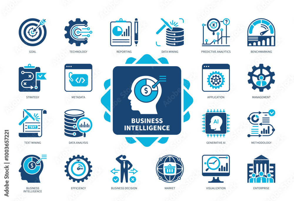 Business Intelligence icon set. Strategy, Management, Benchmarking ...