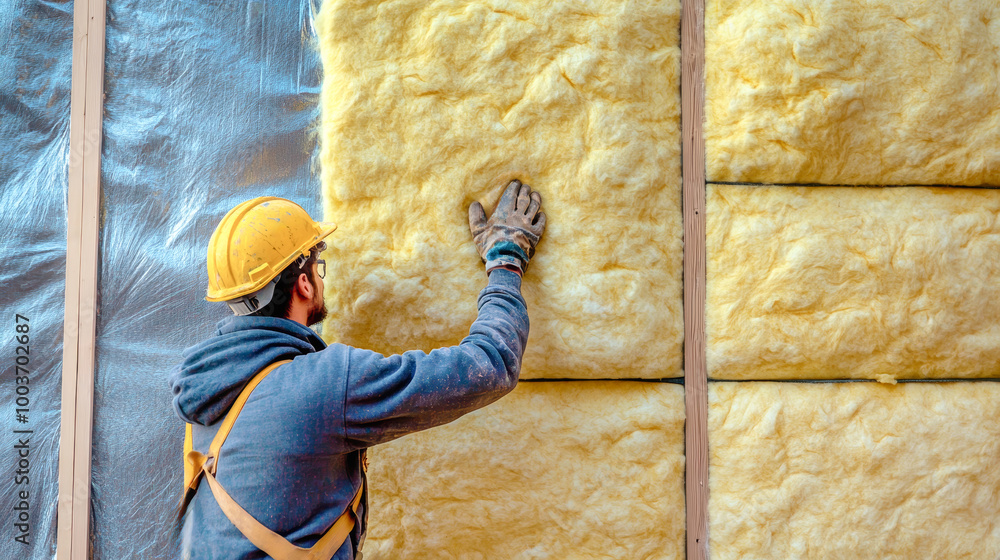Worker installing yellow rock wool insulation in residential wall for ...