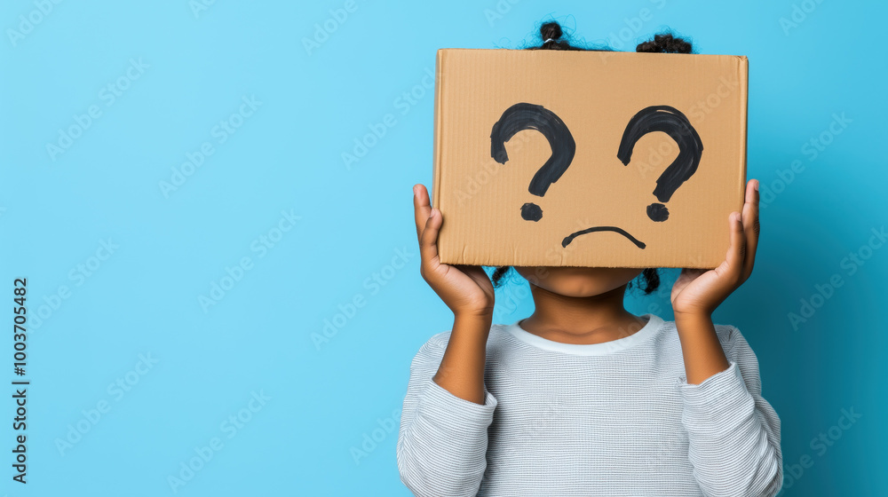 child holding cardboard box with question mark and sad emoticon ...
