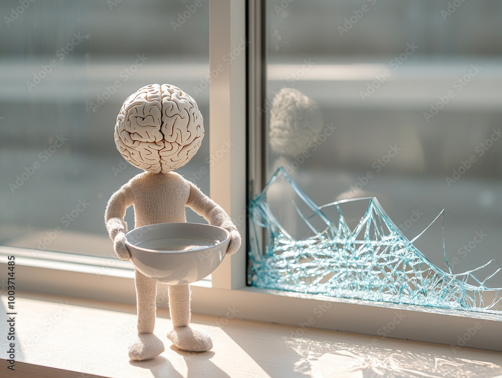 A puppet with brain shaped head holds bowl of water near broken window ...