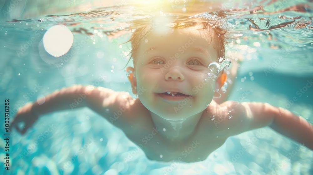 Cute smiling baby having fun swimming and diving in the pool at the ...