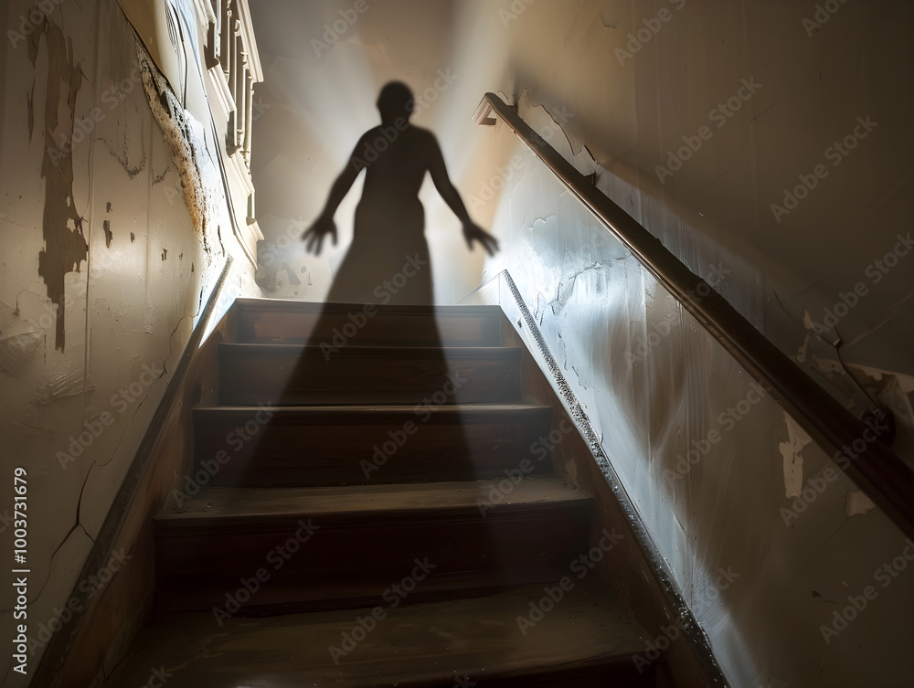 Dark figure casts long shadow on a staircase, creating a mysterious and ...