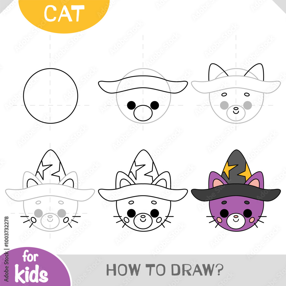 How to draw Cute cat with wizard hat for children. Step by step drawing ...