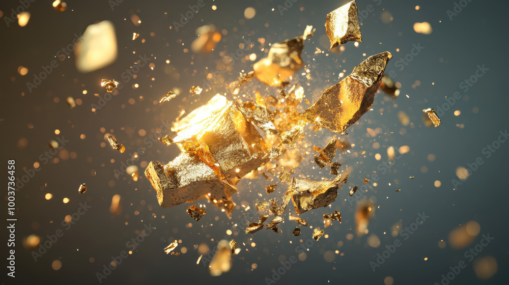 Golden fragments explode in various shapes, creating stunning visual ...