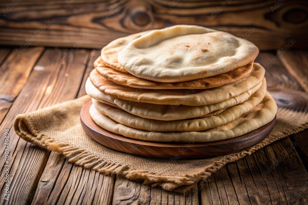 Thick pita bread placed on a rustic wooden surface showcasing the ...