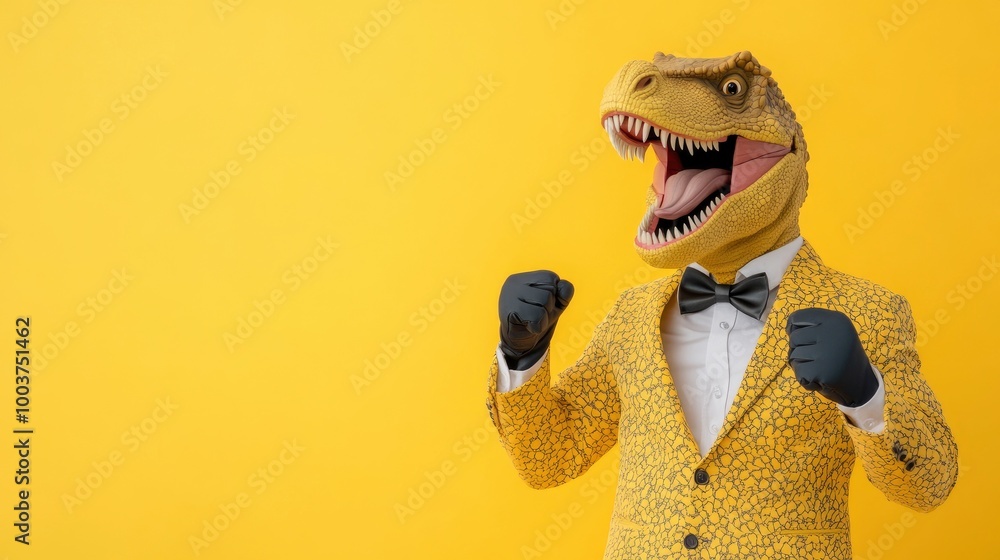 Full-body shot of an anthropomorphic T-Rex wearing a yellow patterned ...