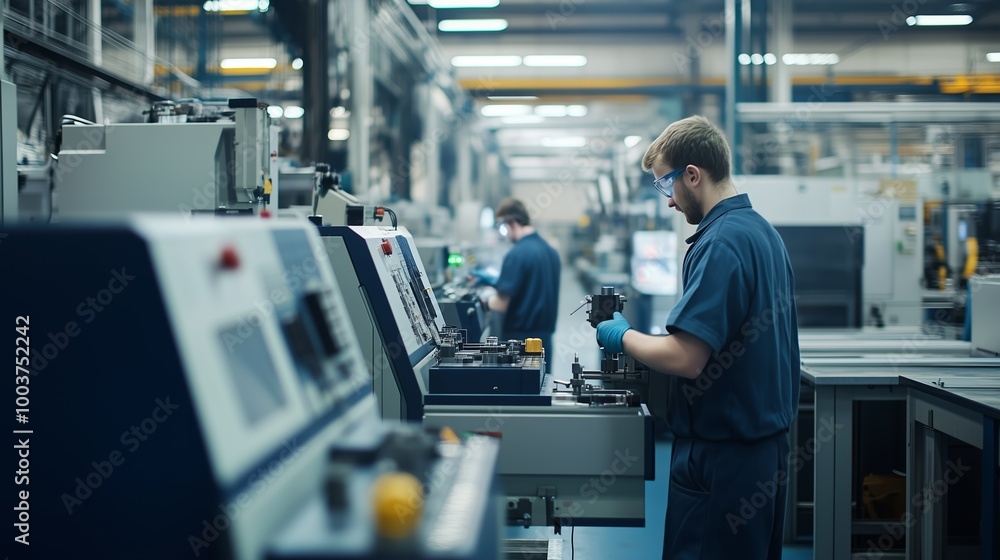 Skilled worker operating machinery in a modern manufacturing facility ...
