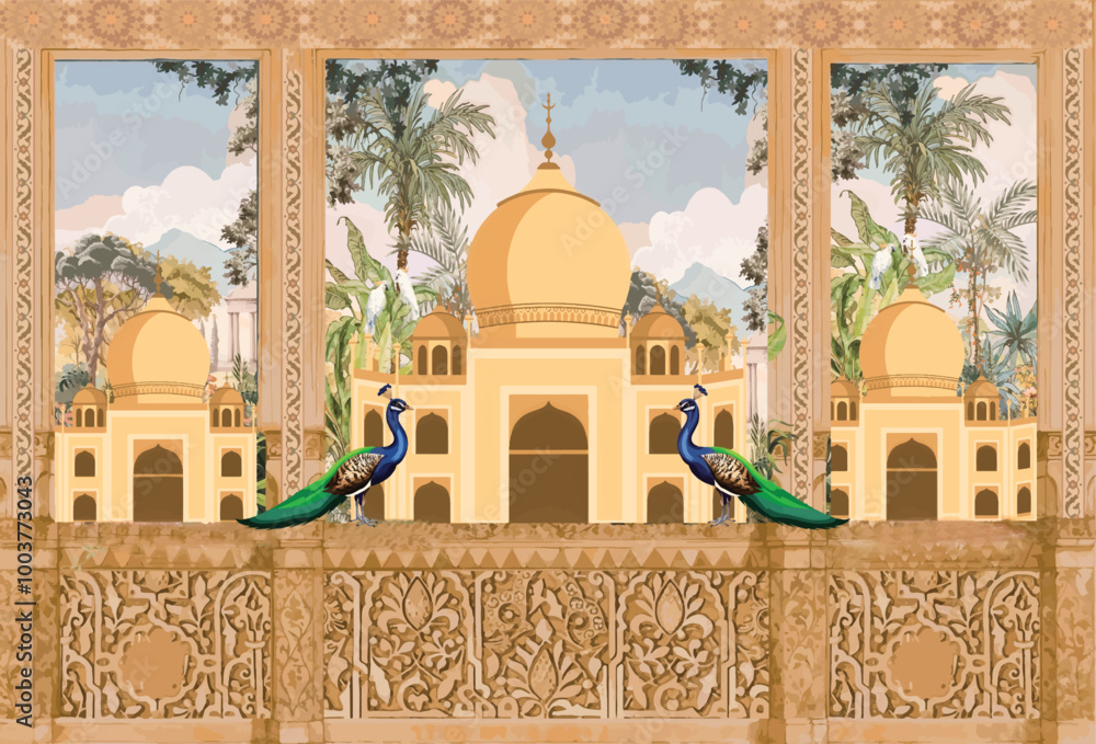 Adobe Illustrator ArtworkTraditional Mughal temple lattice wall peacock ...