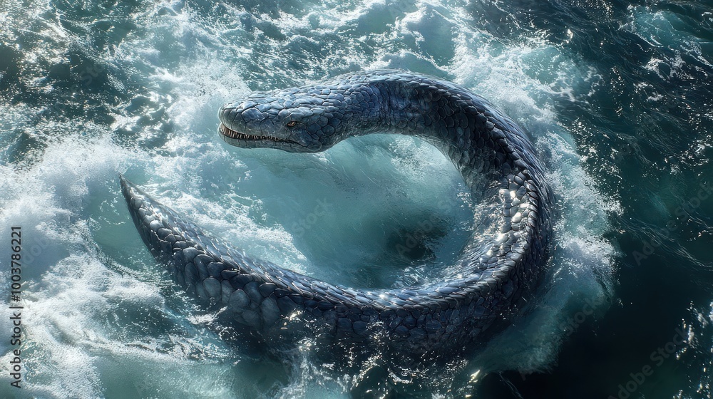 A large, scaly sea serpent with a gaping maw rises from the ocean ...