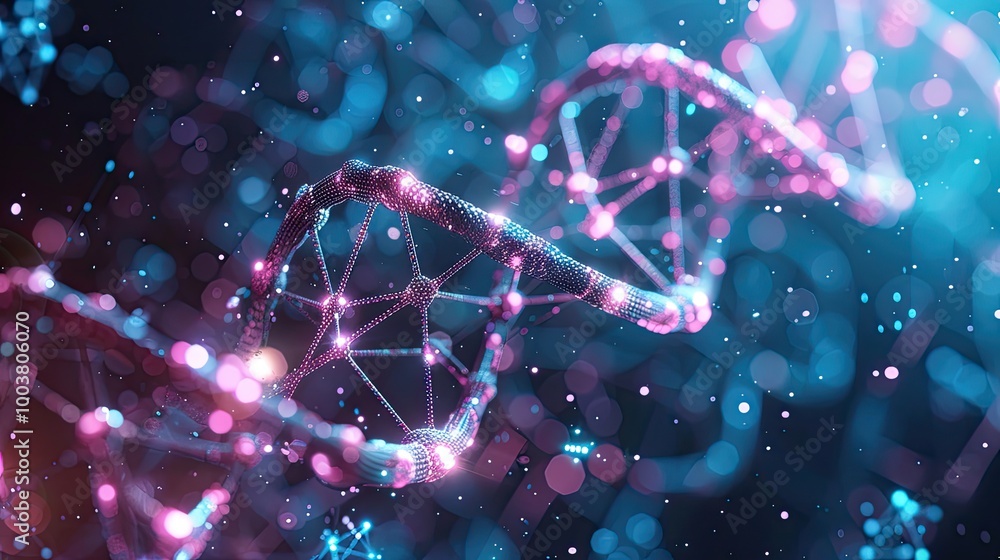 Abstract digital representation of a DNA helix with glowing nodes and ...