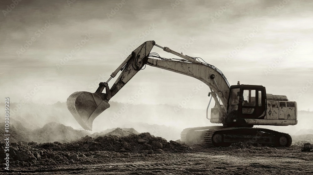 Excavator vehicle at a construction site, its bucket digging into the ...