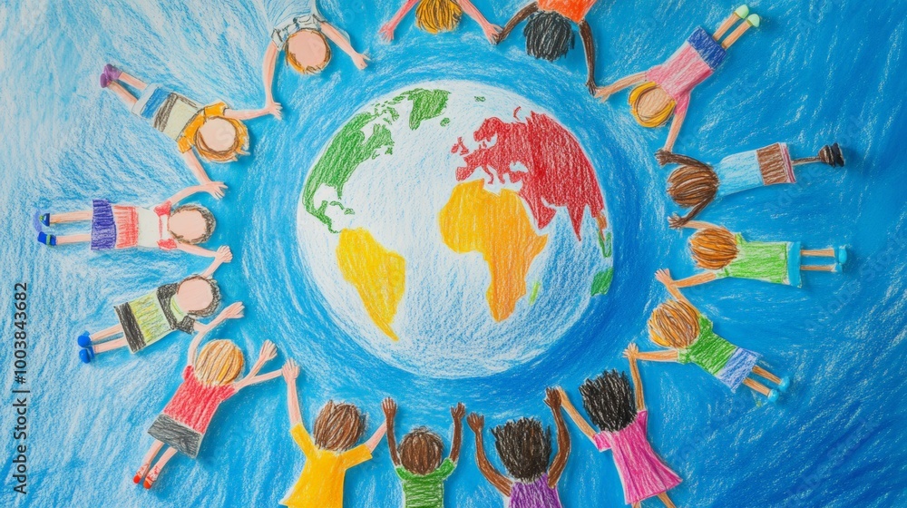 Illustration of a globe with children from different countries holding ...