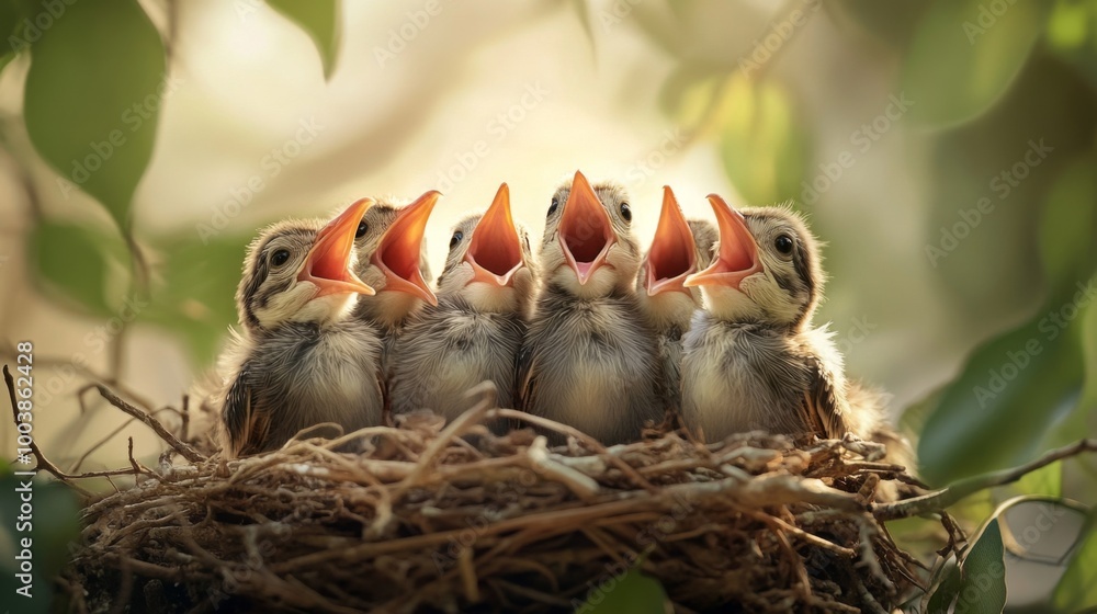 An adorable shot of a group of baby birds huddled together in a nest ...