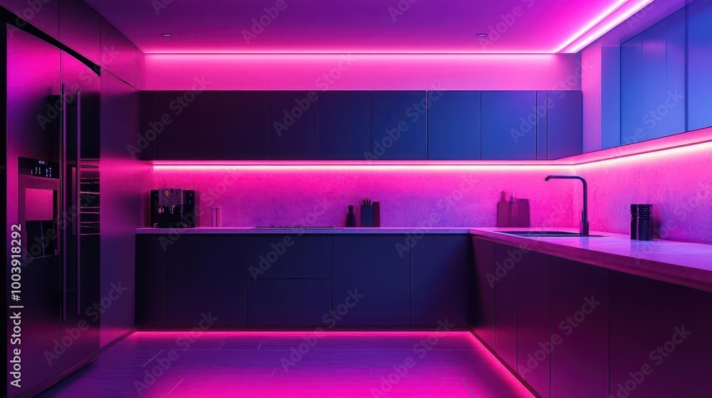 Kitchen renovation in a futuristic home with glowing neon accents and ...