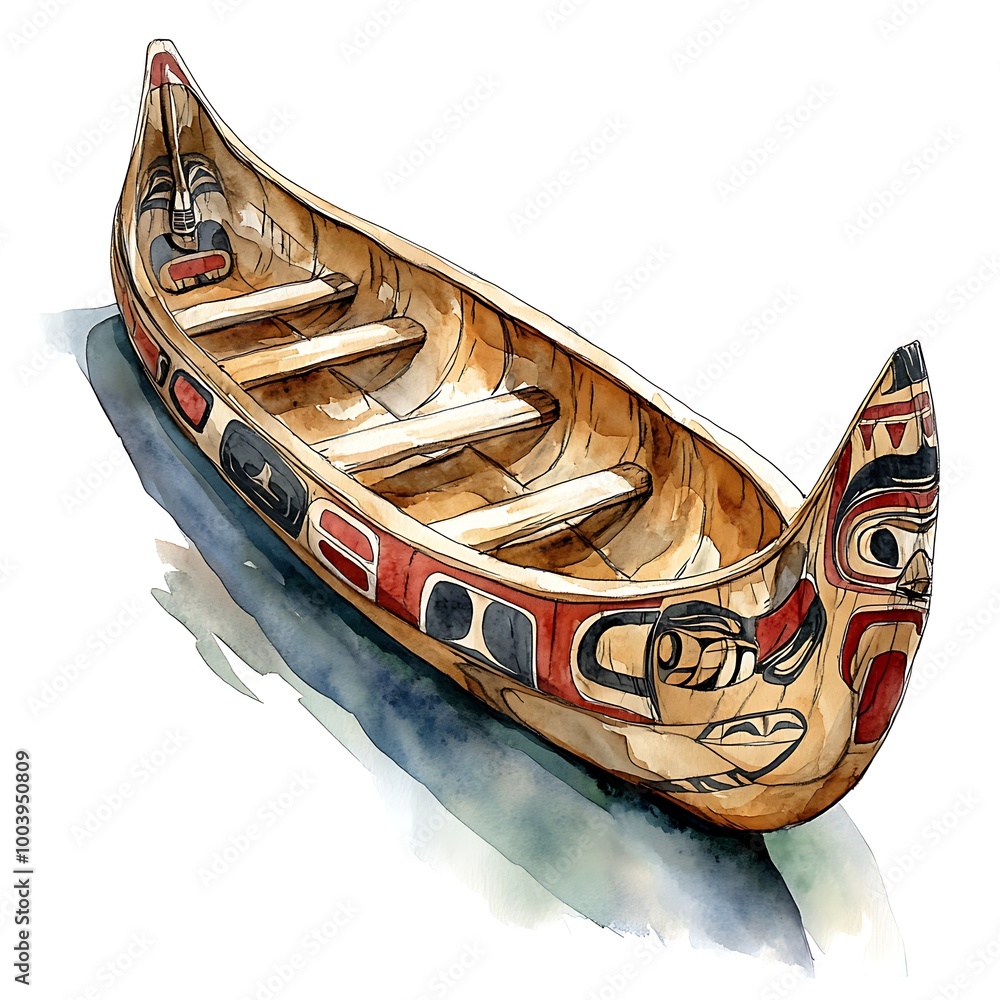 Watercolor Illustration of a Native American Canoe with Traditional ...