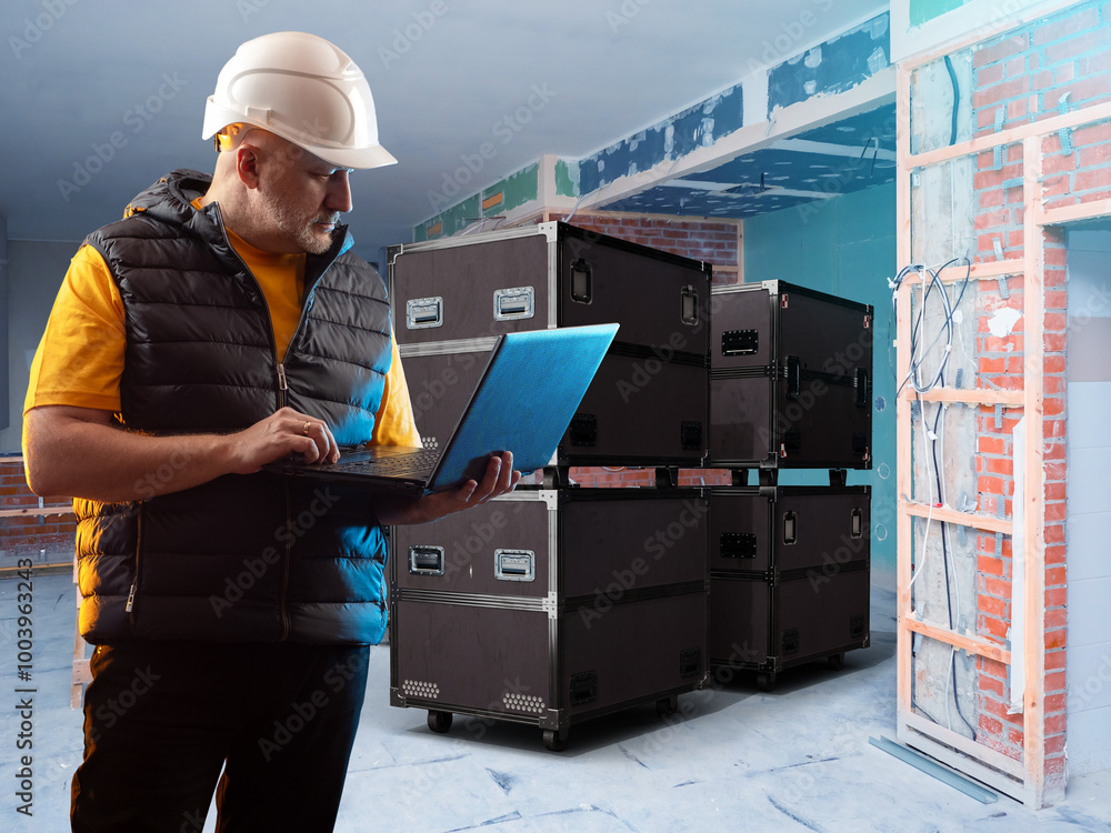 Man engineer. Boxes with construction equipment behind guy. Engineer ...