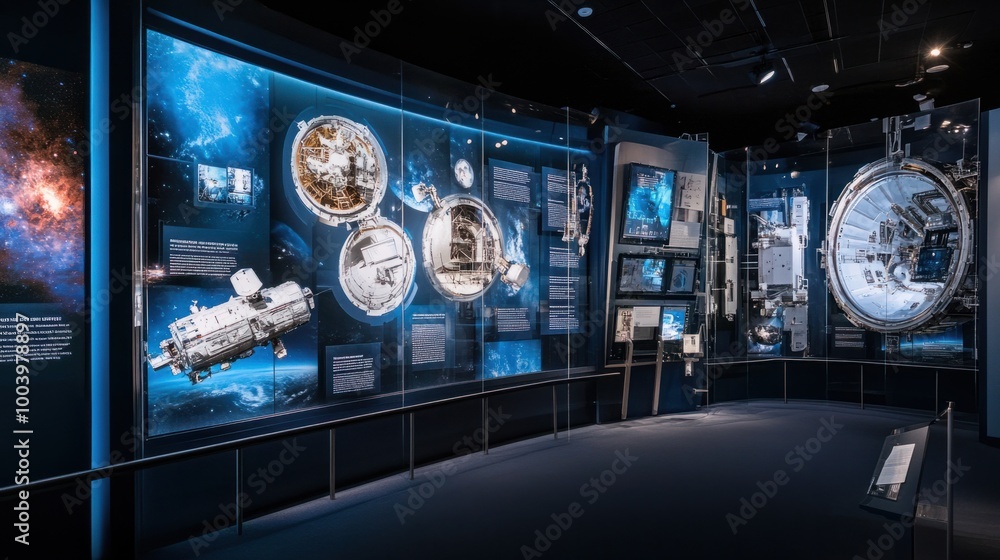 An educational display illustrating the timeline of space stations and ...