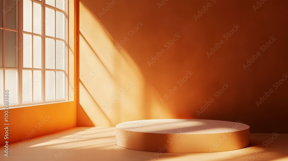 Elegant 3D studio environment with warm orange backdrops and a minimal ...