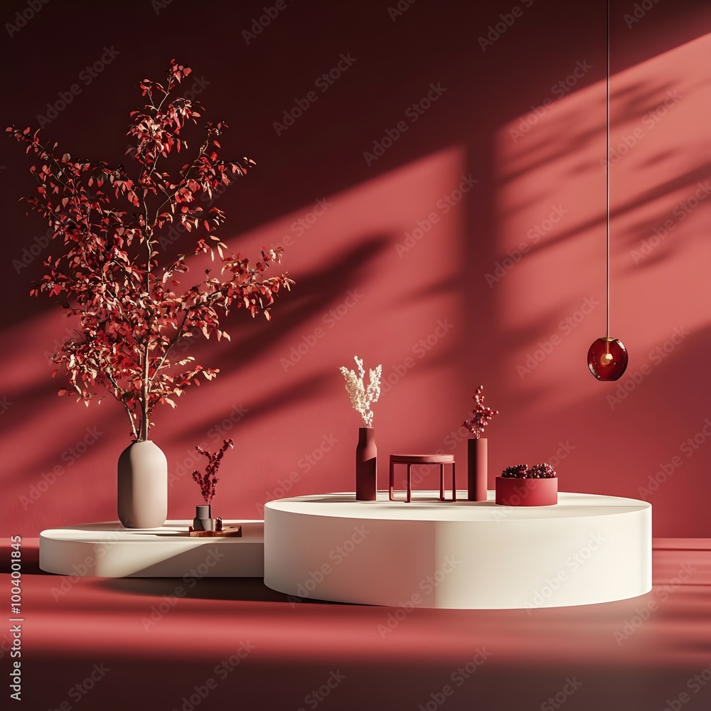 Minimalist burgundy colored product display room with platform stand ...
