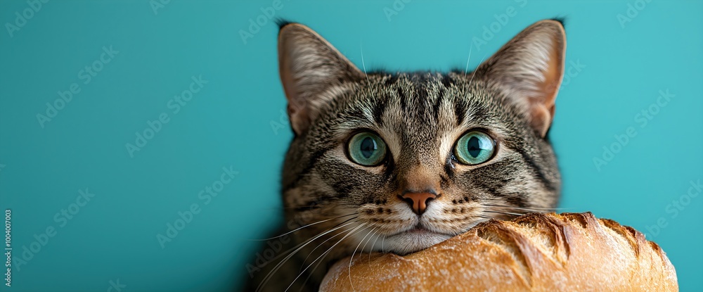 Curious tabby cat with bread loaf on teal background. Humorous pet and ...