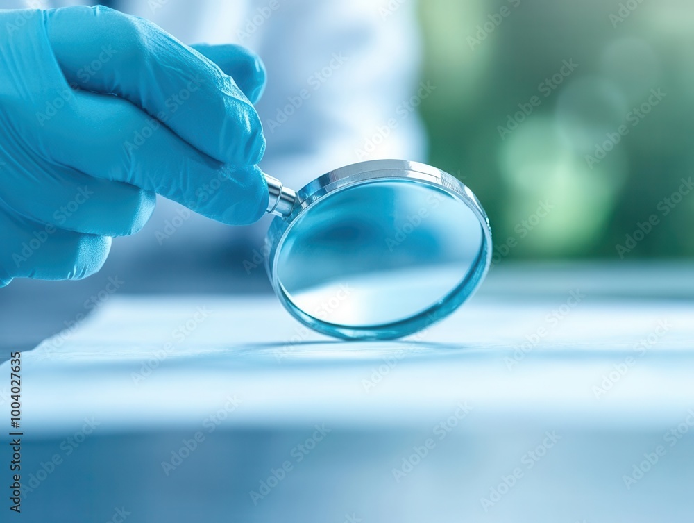 Worker reviewing product defects with a magnifying glass on a lab bench ...